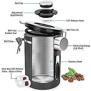 RollKit Coffee Canister Airtight Storage Containers for Beans Grounds, Stainless Steel Flavor-Saving Holder for Tea Jar w/Date Tracker, CO2 Release Valve, Airtight Lid, Scoop - Medium 16oz, Gray