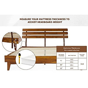 Bme Caden 15 Inch Deluxe Bed Frame with Adjustable Headboard - Mid Century, Retro Style with Acacia Wood - No Box Spring Needed - 12 Strong Wood Slat Support - Easy Assembly - Caramel, King