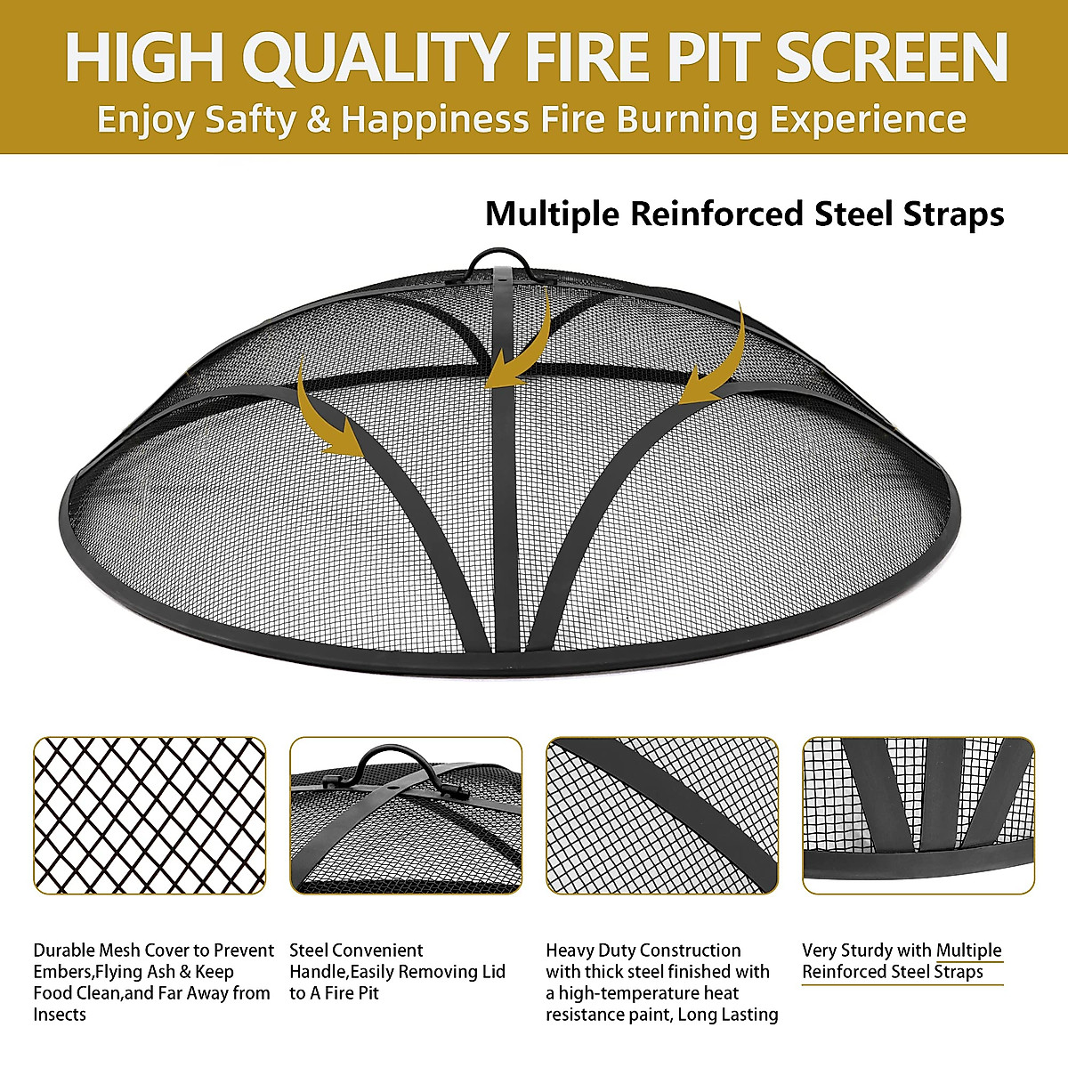27In Reinforced Steel Round Fire Pit Screen Cover,Outdoor Patio Fire Pit Spark Screen,Heavy Duty Steel Mesh Firepit Ember Lid with Handle