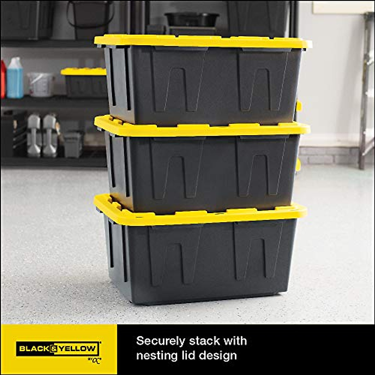 CX BLACK & YELLOW 27-Gallon Tough Storage Containers with Secure Snap Lid, Stackable, Extremely Durable, Nestable, 4 Pack