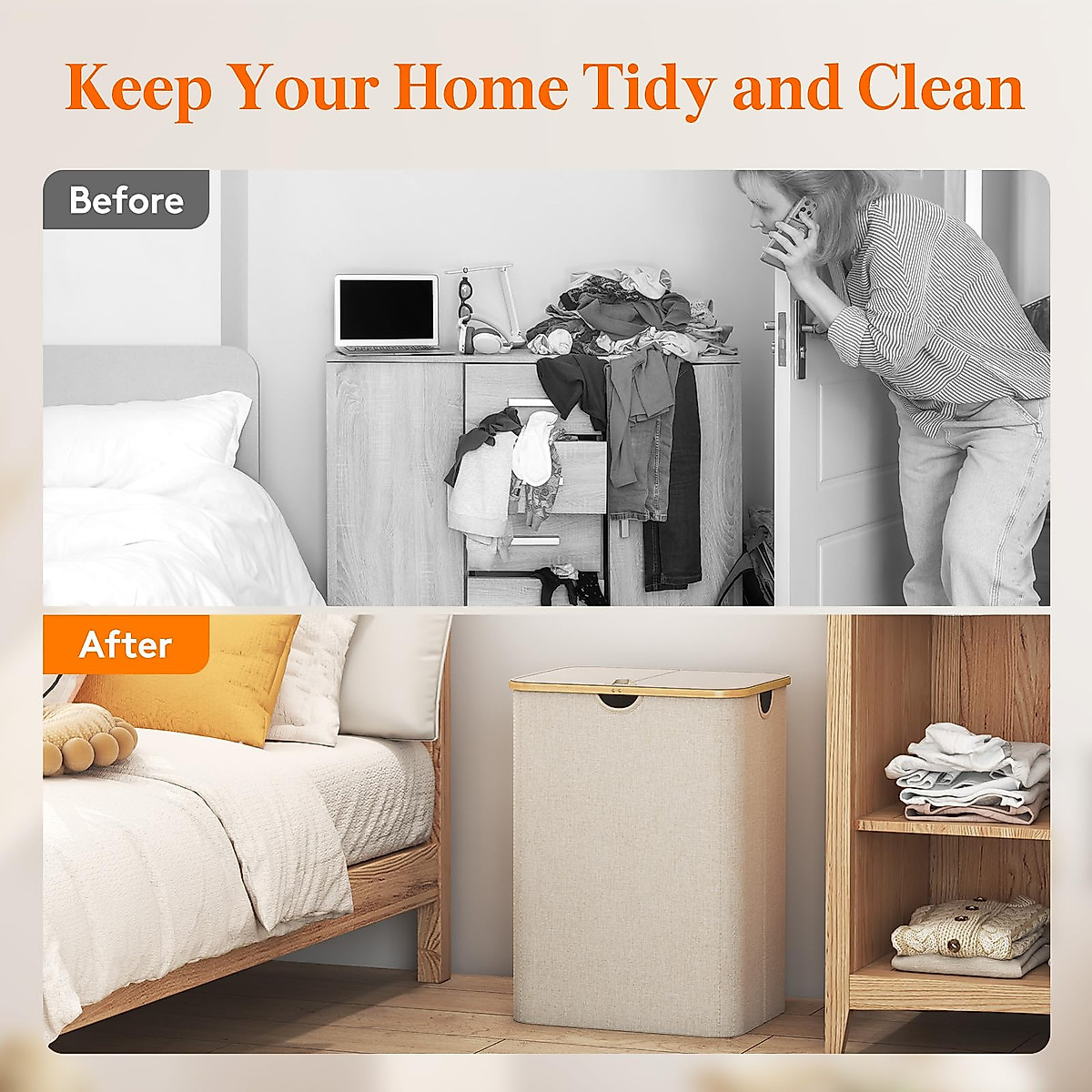 Lifewit 150L Laundry Basket with Lid 3 Section, Large Laundry Hamper with Bamboo Handles and Removable Laundry Bags, Clothes Hampers for Laundry for Bedroom, Bathroom, Dorm, Laundry Room, Beige