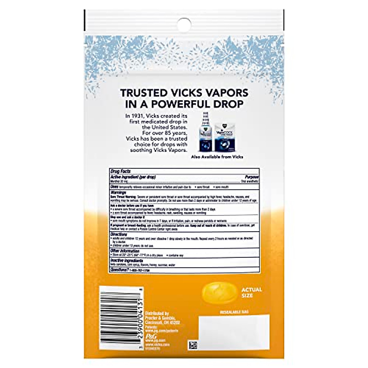 Vicks VapoCOOL Severe, Medicated Drops, Menthol Soothes Sore Throat Pain Caused by Cough, Honey Lemon Chill Flavor, 225 Drops (5 Packs of 45)