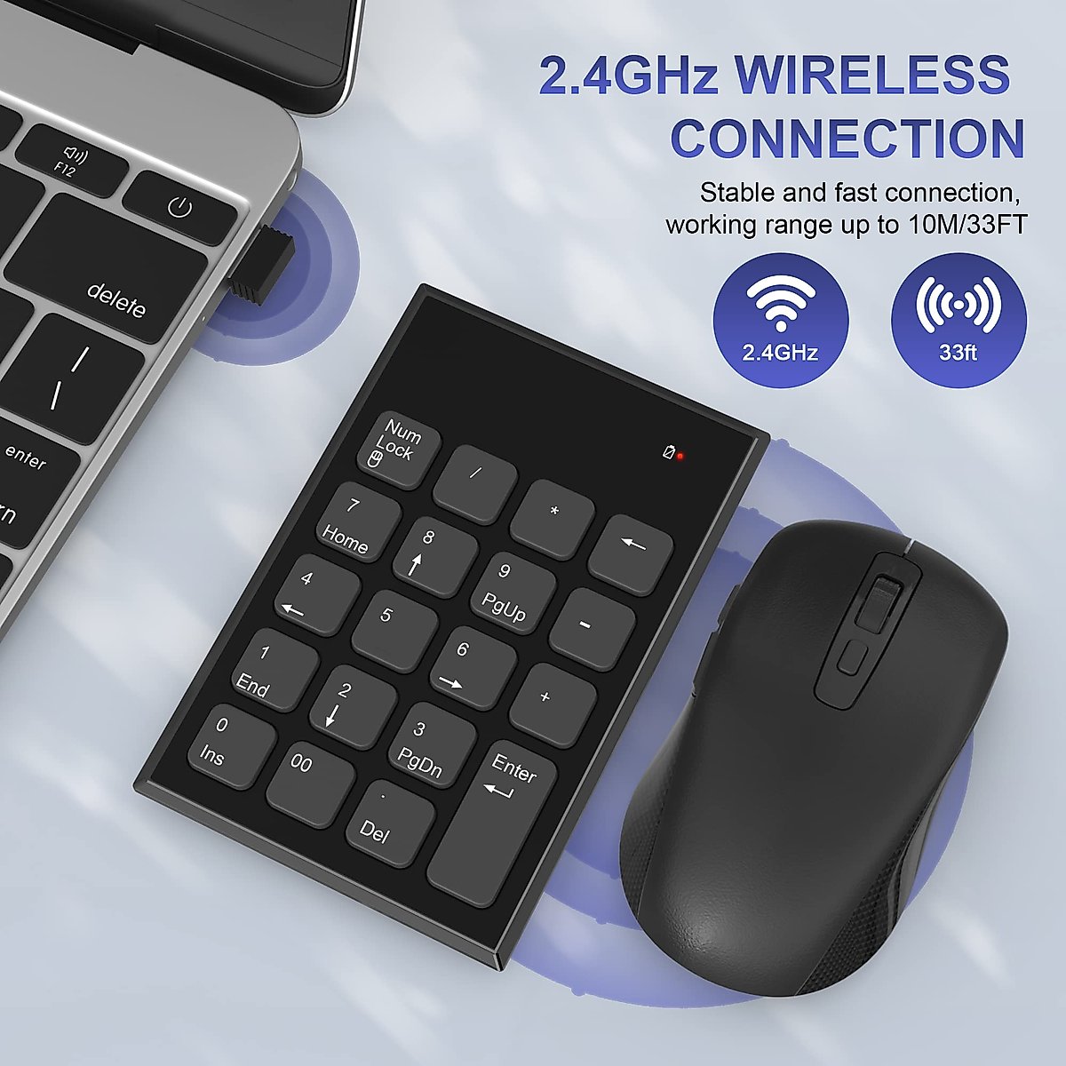 Wireless Number Pad and Mouse Combo,2.4G 19 Keys USB Wireless Numeric Keypad,3 Adjustable Silent Mouse Speeds DPI 800/1200/1600,Set for Laptop,Notebook,Desktop,PC Computer-Use One USB Receiver