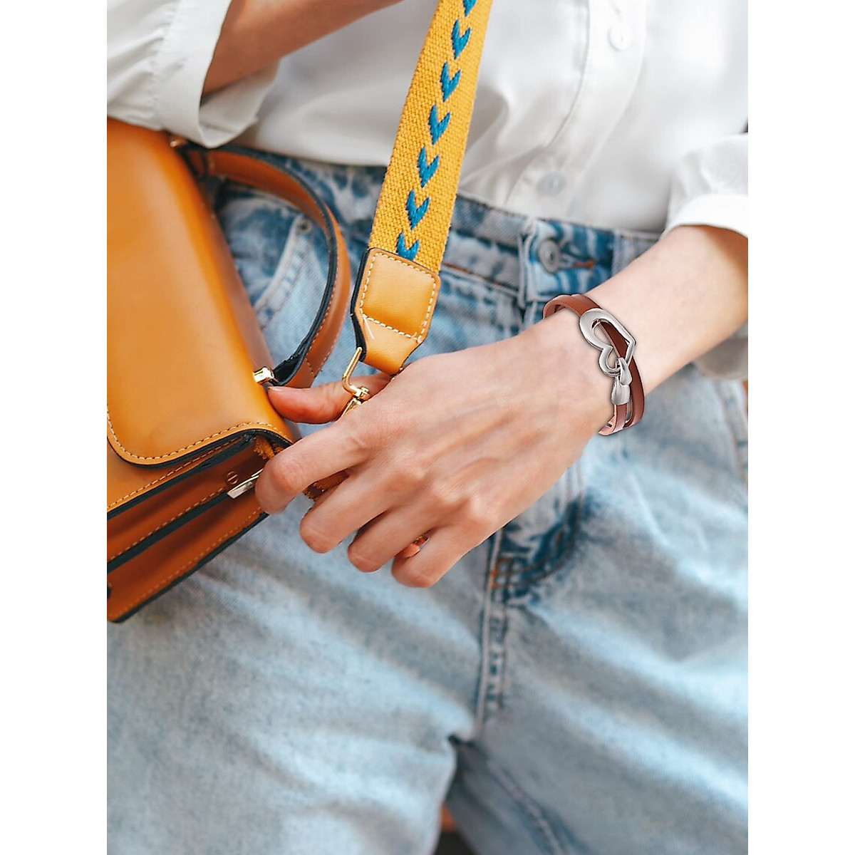 Heart Leather Bracelet for Women Stackable Wrap Cuff Bracelet Punk Leather Choker Necklace (brown)