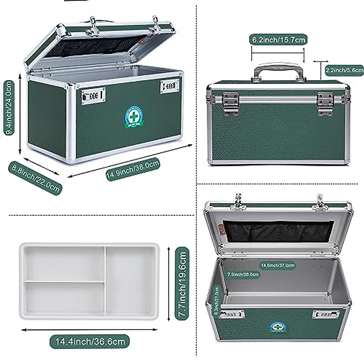 HEWEI WORKS Large capacity Locking Box， Lockable Medication Box with Portable Storage Case, 15''x 8.7''x 9.3'', Childproof Medicine Lock Organizer, Locked Empty First Aid Storage Case (GREEN)