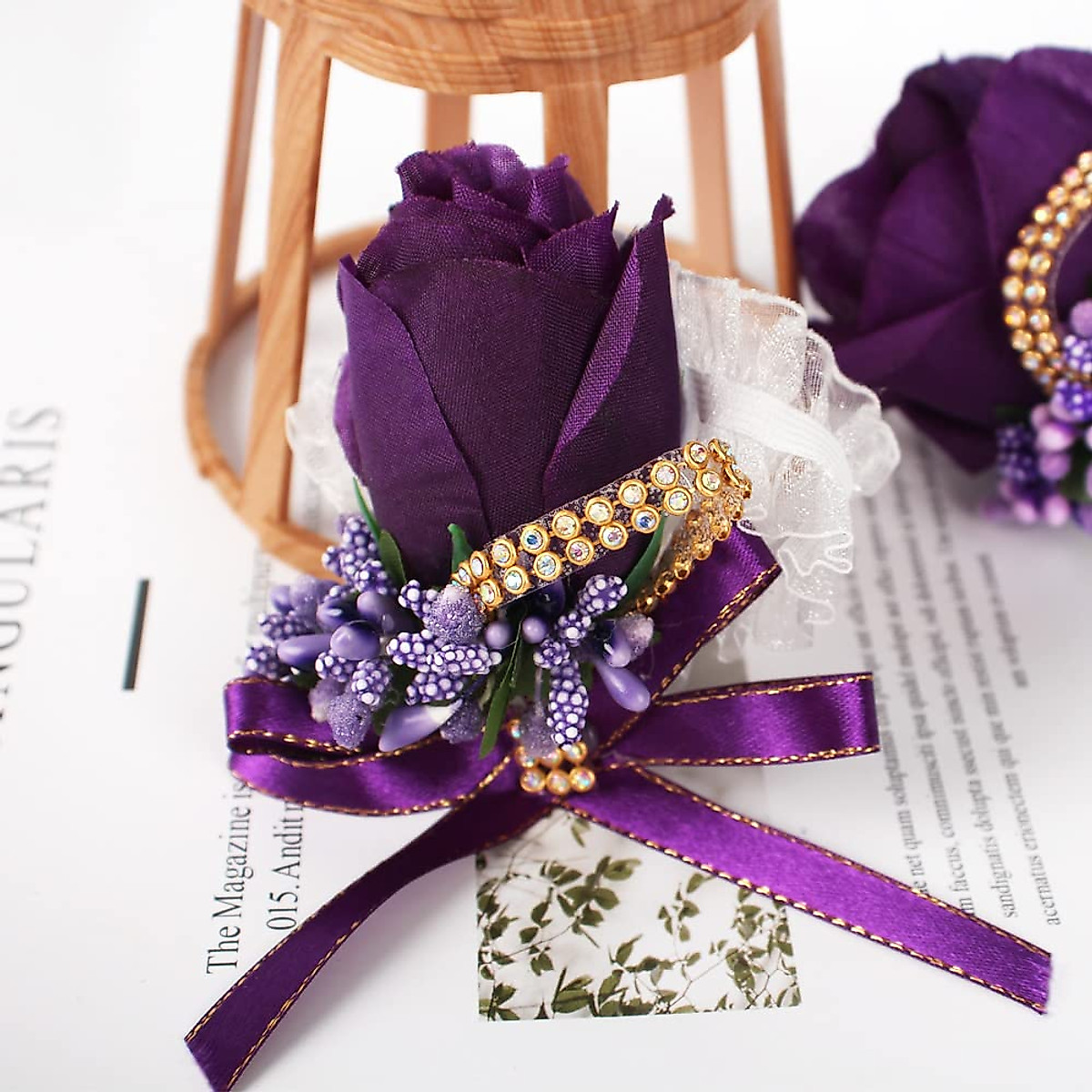 WANLIAN Rose Wrist Corsage Bridesmaid Corsage and Boutonniere Set for Wedding Prom Party Hand Flower Decoration Set of 2 (Purple)