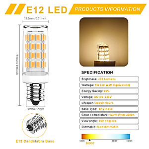 YUIIP E12 LED Bulb 5W Equivalent to 40W Halogen Bulb, Warm White 3000K, Candelabra Base E12 Light Bulbs for Ceiling Fan, Chandelier, Home Lighting, Non-dimmable, 6 Pack