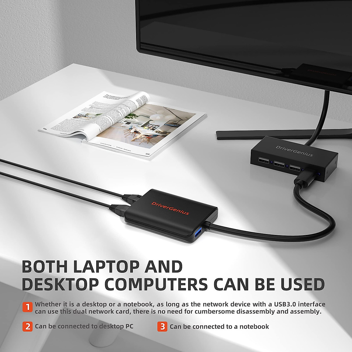 DriverGenius USB 3.0 to Dual Port Gigabit Ethernet Adapter NIC w/USB Port - Compatible for Windows 11, macOS 15 (CU200)