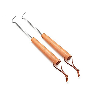 Leonyo 2 Pack Pigtail Food Flipper, 12 Inch Meat Hook Flippers Turners with Stainless Steel Shafts, Substitutes of Grill Tongs, Spatulas, Forks for Kitchen Cooking BBQ, Wooden Handles, Right Handed