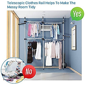 Estink Garment Rack Clothing Hanger, Heavy Duty Adjustable Closet Rod Double Rail,Simple No Drilling for Bedroom Freestanding Wardrobe Closet Organizer System,3 Vertical Poles 4 Bars