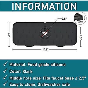 Kitchen Sink Splash Guard, Silicone Faucet Handle Drip Catcher Mat, Sink Splash Drain Drying Pad Behind Faucet, for Kitchen & Bathroom Countertop Protector (Black)