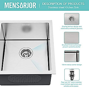 Bar Sink, MENSARJOR 14 x 14 Inch Undermount 16 Gauge Single Bowl Handmade Stainless Steel Kitchen/Bar Sink