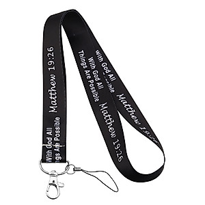 LQRI Christian Lanyard ID Holder Keychain Bible Verse Matthew 19:26 Gift With God All Things Are Possible Gift Clip Charm Catholic Gift Religious Baptized Jewelry (Black)