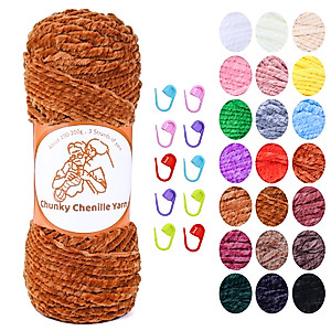 TLKKUE Chunky Chenille Yarn(7OZ/200G), 3 Strands of Yarn Soft Chenille Velvet Yarn for Crocheting Knitting Thick Blanket Yarn for Shoe Hat Clothing Cushion (Brown)