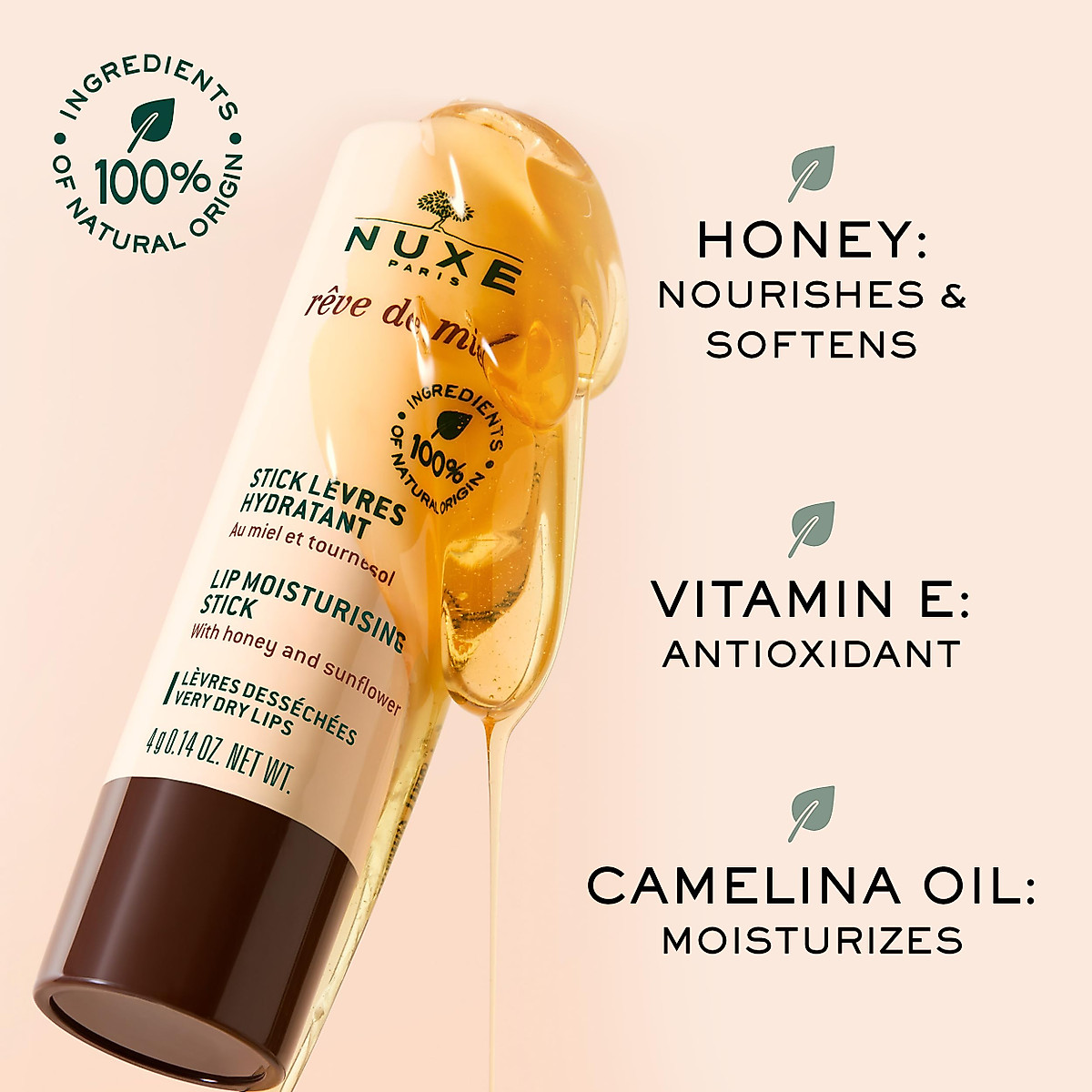 NUXE Rêve de Miel Lip Stick - 100% Natural Organic Moisturizer for Cracked & Dry Lips With Shea Butter & Vitamin E, 0.14 Oz