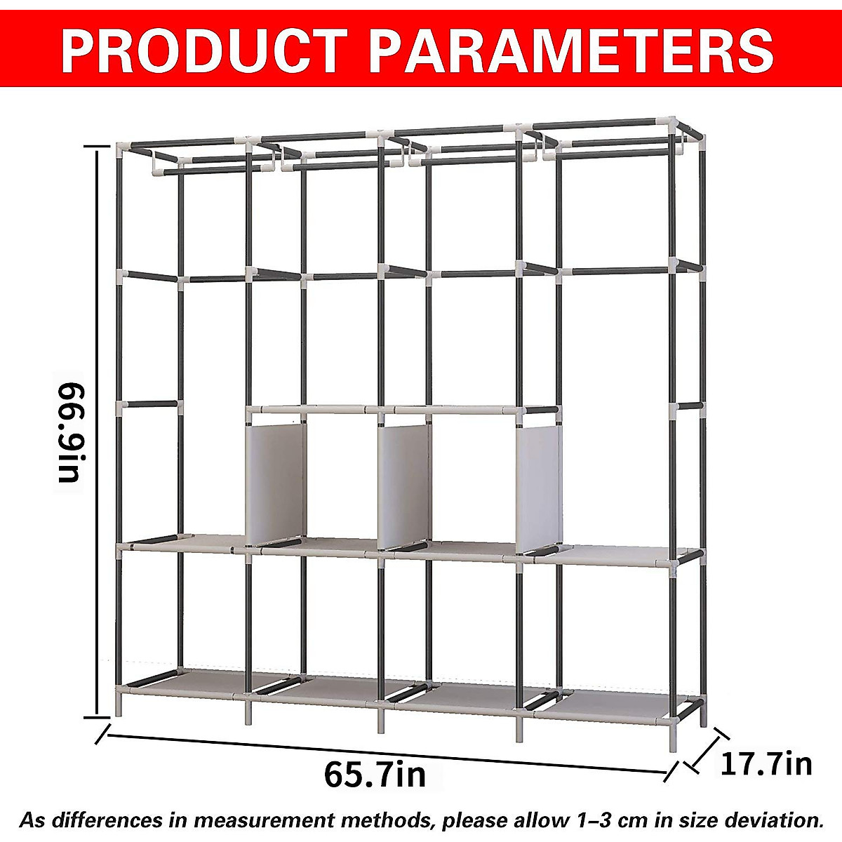 UDEAR Portable Closet Large Wardrobe Closet Clothes Organizer with 6 Storage Shelves, 4 Hanging Sections 4 Side Pockets,Beige