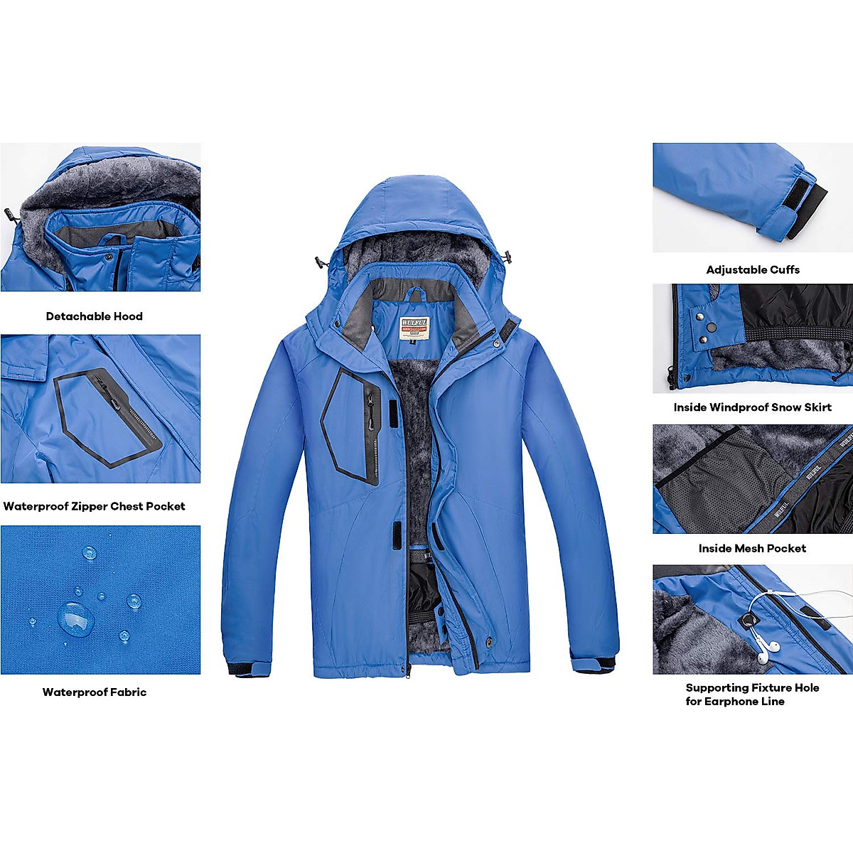 WULFUL Men's Waterproof Ski Jacket Warm Winter Snow Coat Mountain Windbreaker Hooded Raincoat