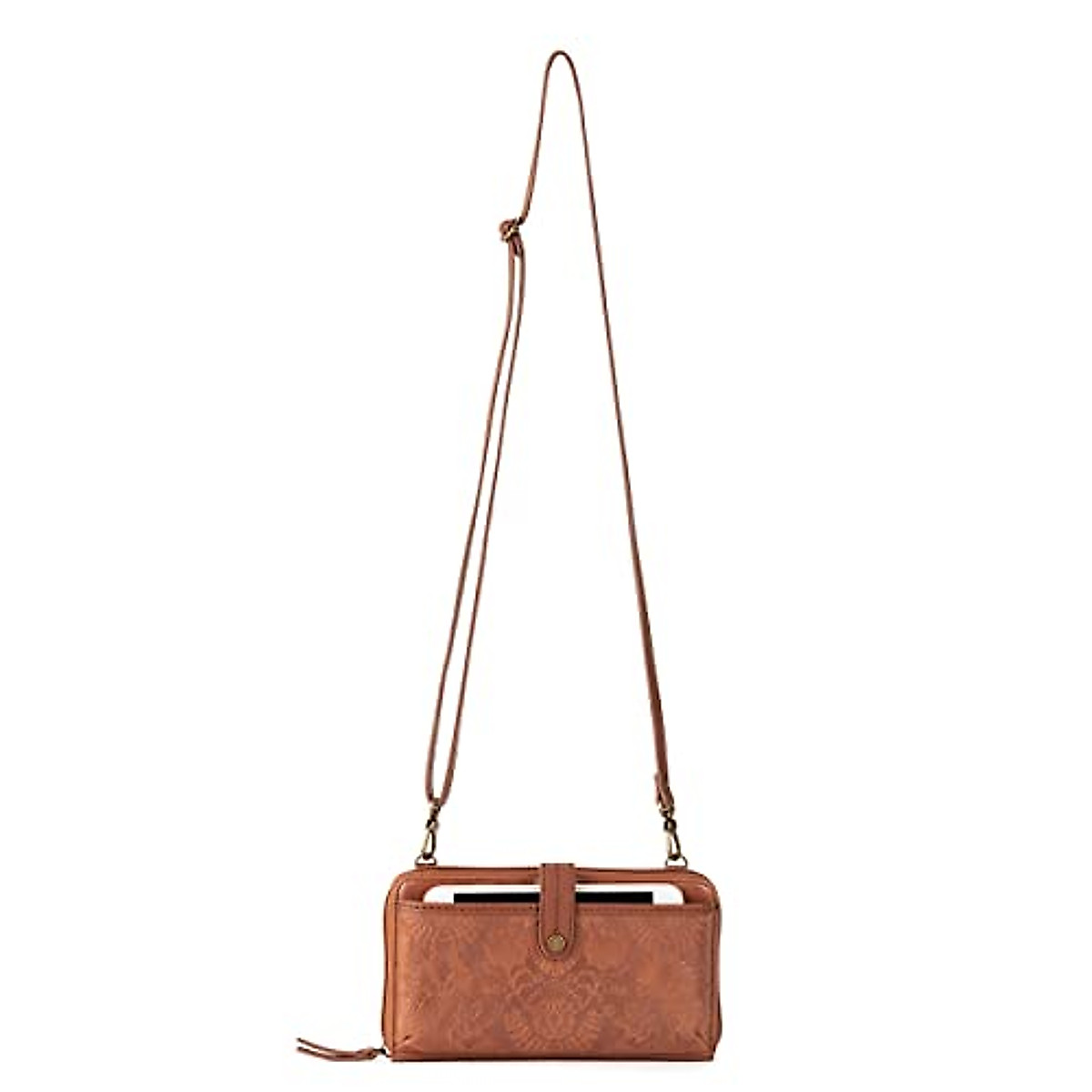 The Sak Iris Large Smartphone Crossbody Bag in Leather, Detachable Wristlet Strap, Tobacco Floral Embossed II