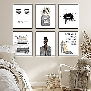 Glam Gray Fashion Wall Decor Girls Room Decor Wall Art Silver Perfume Book High Heels Posters Prints Bedroom Decor for Women (8x10 in Unframed)
