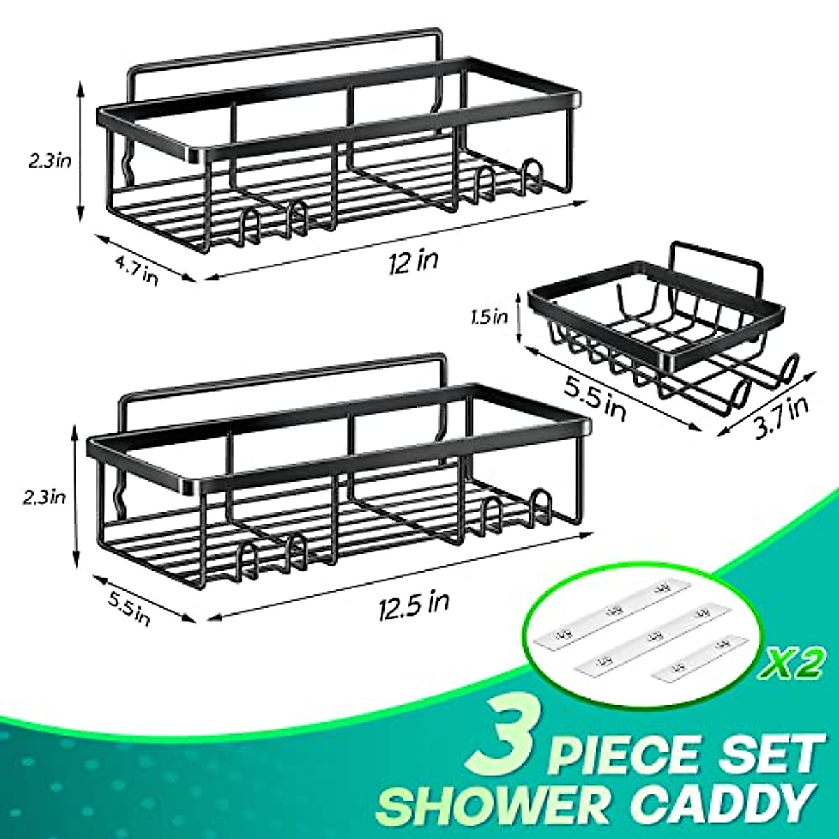 Shower Caddy Bathroom Organizer 3-Pack Adhesive Shower Shelves Rustproof Shower Shelf for Inside Shower Storage with Soap Holder and 6 Adhesives