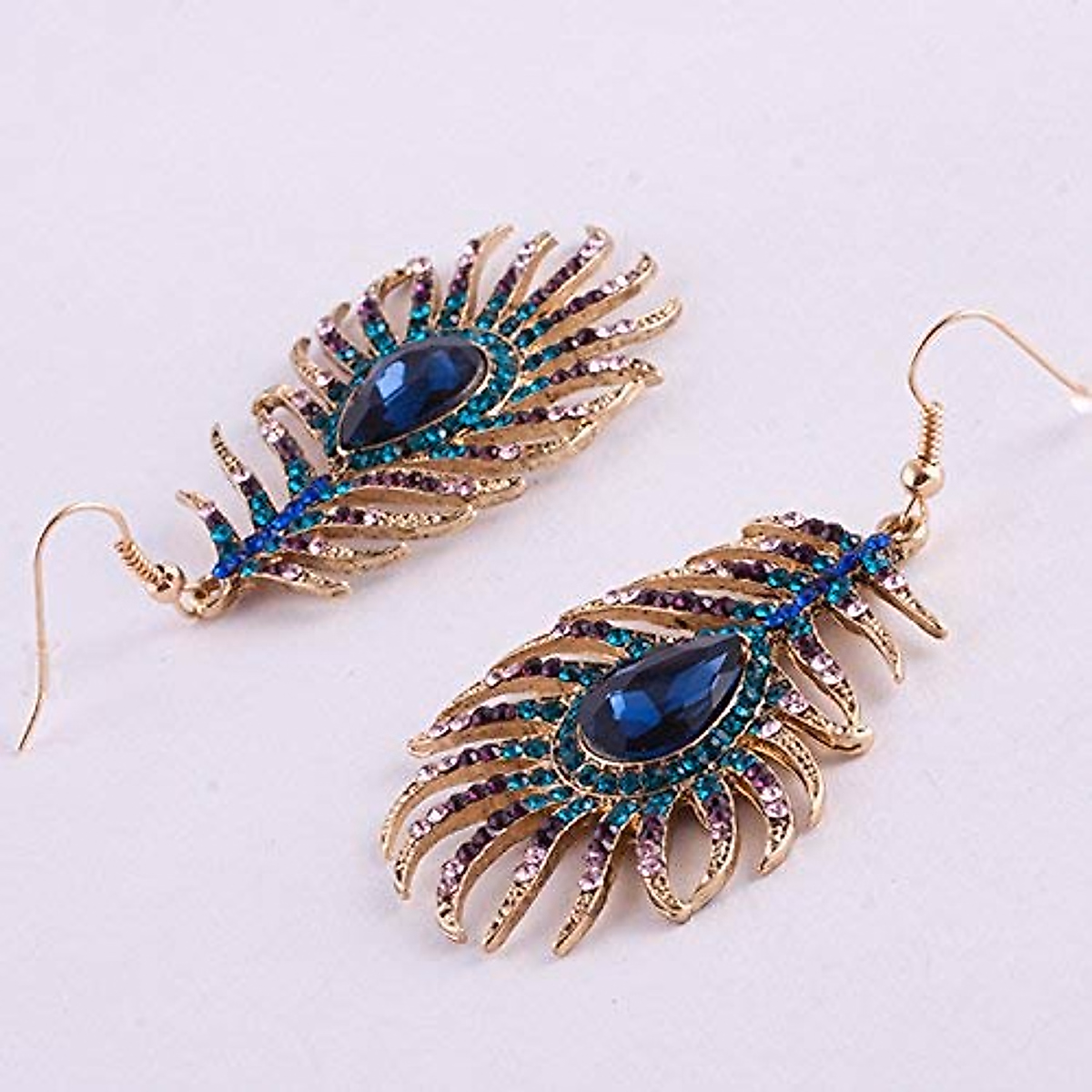 Frogwill Womens Crystal Hook Earrings Sparkling Rhinestone Peacock Feather Dangle Earrings (Blue)