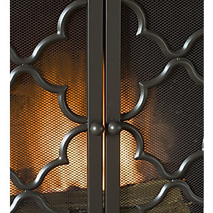 Plow & Hearth Metal Fireplace Screen Geometric Bronze | 44" W x 33" H | 2 - Door | Spark Guard Indoor Grate | Iron Fire Place Cover | Wood Burning Stove Decorative Accessories