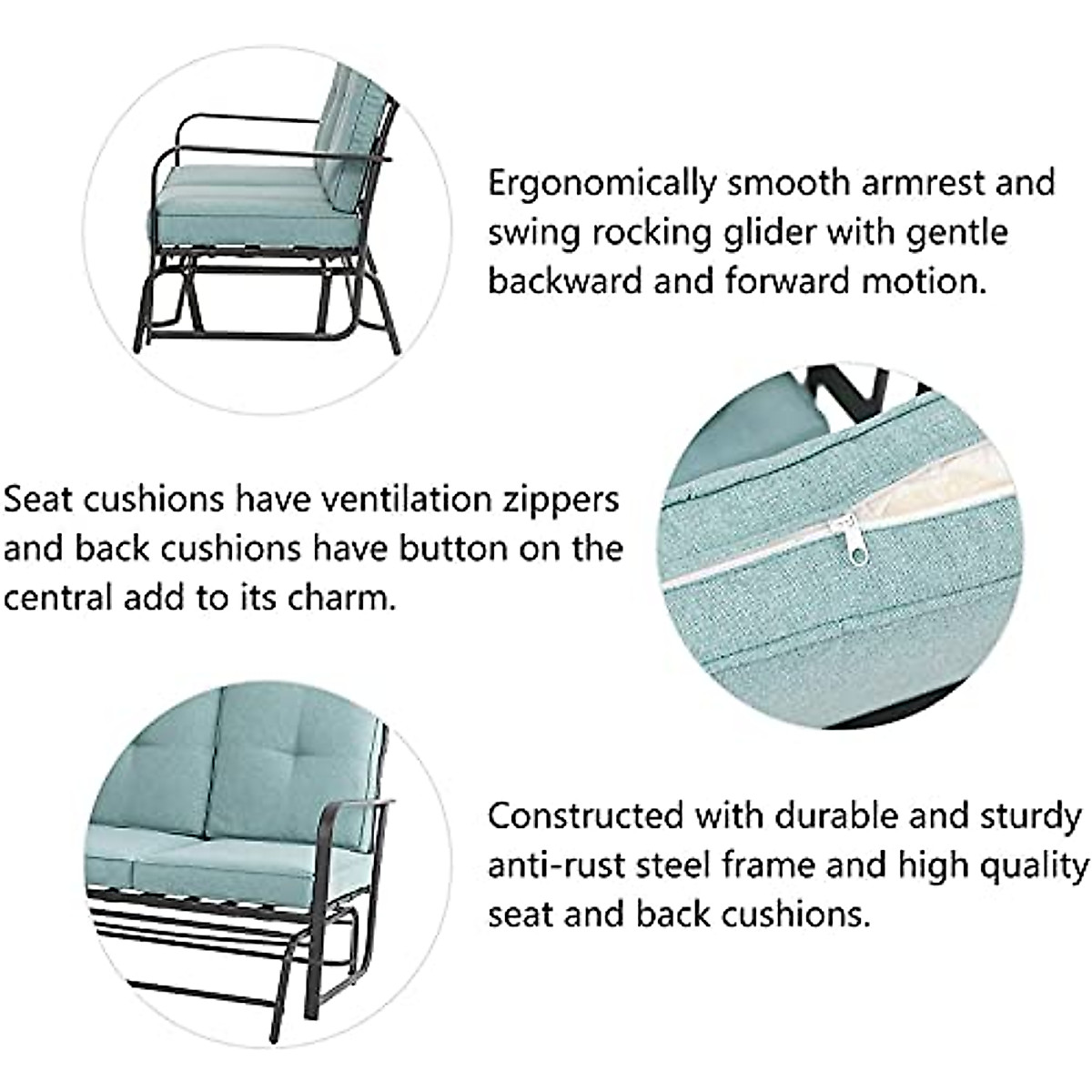 glitzhome Modern Outdoor Patio Loveseat Glider Bench,Metal Frame Patio Bistro Swing Glider Rocking Chair Sofa Furniture Set with Cushion for Lawn Porch Garden Yard Poolside, Blue