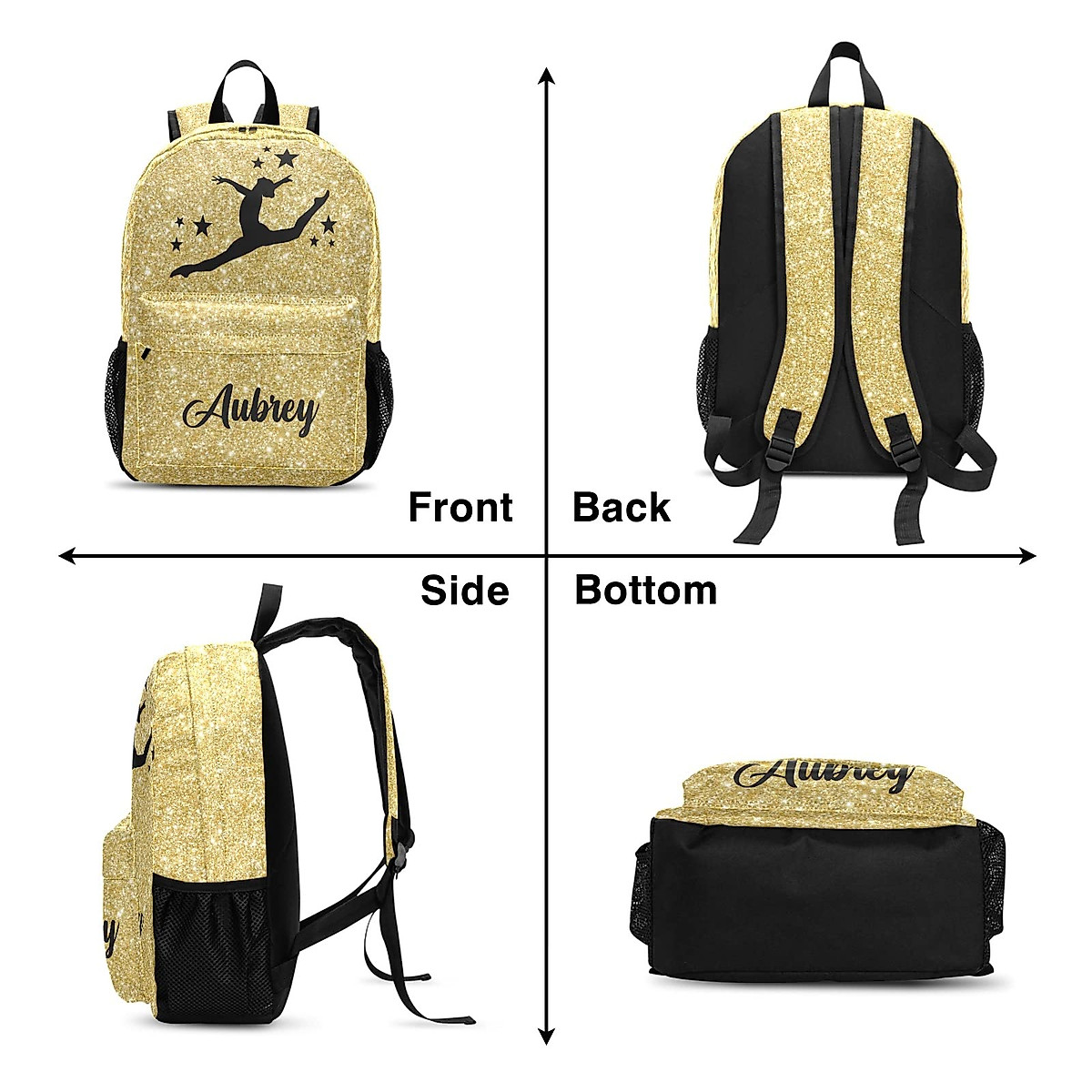 Gymnastic Yellow Gold Glitter Personalized Backpack for Teen Boys Girls,Custom Travel Backpack Bookbag Casual Bag with Name Gift 11.81"(L) x 5.51"(W) x 17.71"(H)