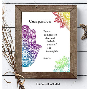 Compassion Buddha Quote - Inspirational Zen Wall Art Decor - 8x10 Buddhism Poster Print for Spa Decoration, Yoga, Meditation Room - Namaste Buddhist Gift - Hamsa Hand of Fatima, Mandala, Lotus, Om