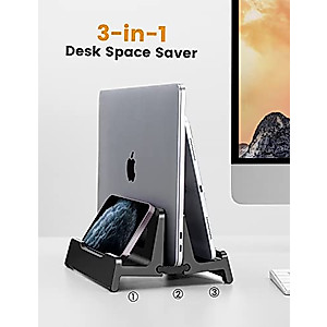 STARSIKI Vertical Laptop Stand, 3-in-1 Gravity Auto Locking Laptop Holder, MacBook Stand for Desk Closed Upright, Space Saving Desktop Organizer for MacBook/Surface/Chromebook/Dell/HP/iPad/Tablets