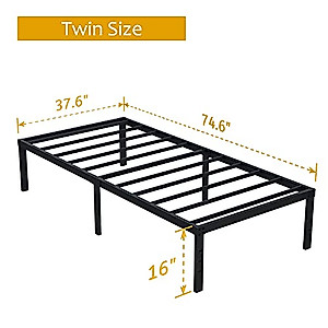 Maenizi Twin Bed Frames No Box Spring Needed, 16 Inch Heavy Duty Metal Bed Frame Twin Support Up to 2500 lbs, Easy Assembly, Noise Free, Black