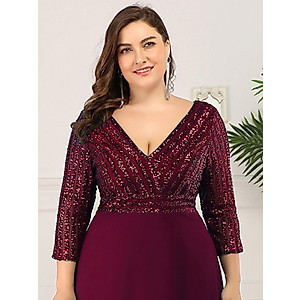 Ever-Pretty Women's Plus Size V-Neck Sparkle Sequins Chiffon Long Sleeves Formal Dresses Burgundy US26