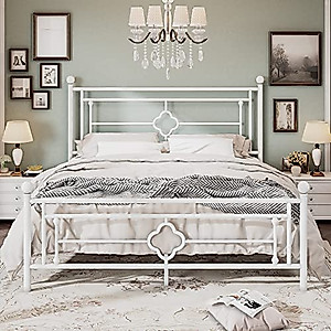 Allewie King Size Metal Platform Bed Frame with Victorian Vintage Headboard and Footboard/Mattress Foundation/Under Bed Storage/No Box Spring Needed/Noise-Free/Easy Assembly, White