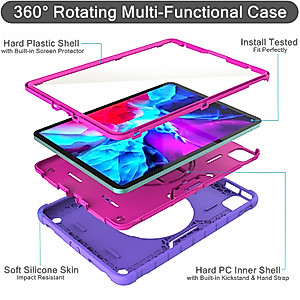 Kids Case for 10.9-inch iPad Air 5th/4th Generation (2022/2020)/iPad Pro 11-inch (2020/2018) with Built-in Screen Protector, 360° Rotating Stand, Hand Strap & Three Layer Cover (Purple + Hot Pink)