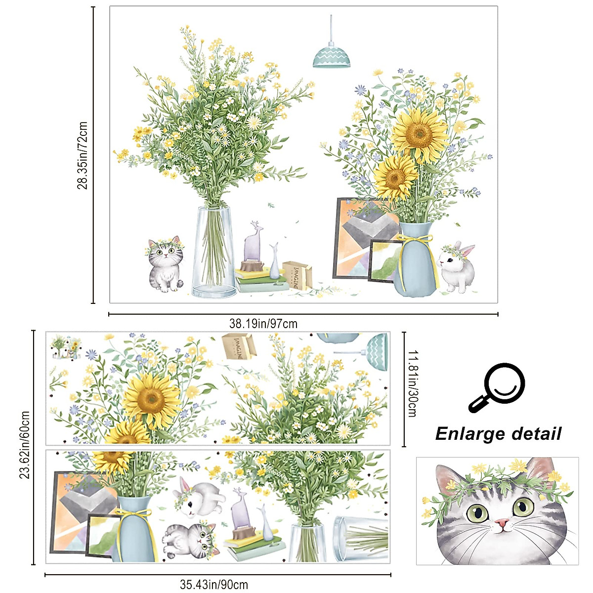 Sunflower Vase Plants Wall Sticker Cute Cat Rabbit Decor, Removable Daisy Flower Green Leaf Wallpaper Decals, AUHOKY Garden Potted DIY Art Mural for Living Room Bedroom Kitchen Nursery Home Decoration