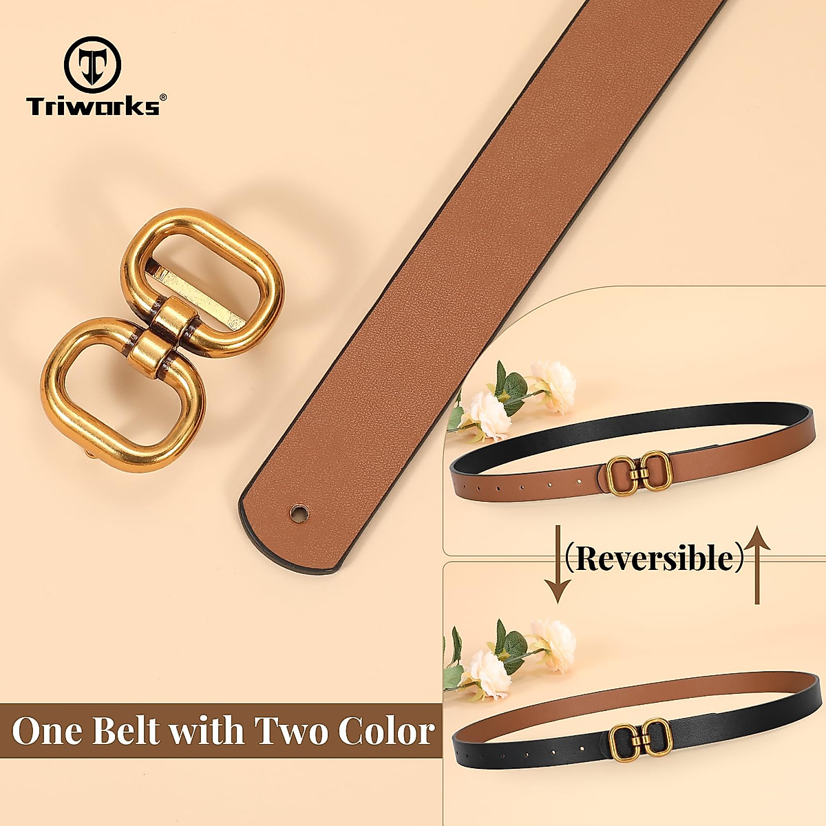TRIWORKS Reversible Leather Belt for Women with Gold Buckle Ladies Leather Belt for Jeans Pants