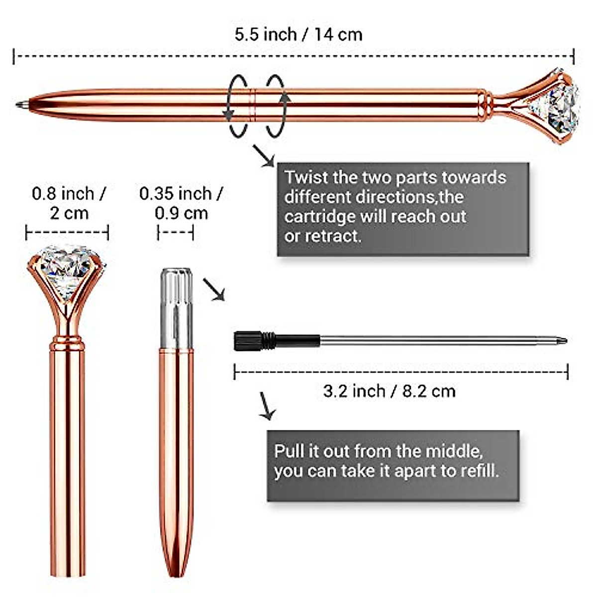 3 PCS Diamond Pen With Big Crystal Bling Metal Ballpoint Pen, Office Supplies And School, Rose Gold/White Rose Polka Dot/Silver, Includes 3 Pen Refills