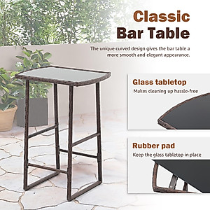 SUNSITT 3-Piece Outdoor Wicker Bar Height Table Set, 2 Bar Stools and 1 Pub Table with 2 Striped Pillows, Seat Cushions, Steel Frame