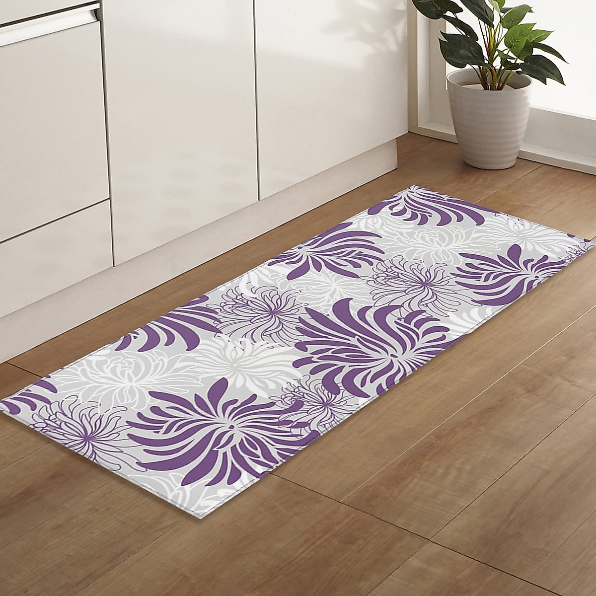 Flower Chrysanthemum Purple Laundry Room Decor Rug Runner, Anti-Fatigue Kitchen Rugs, Waterproof & Non Slip Room Accessories for Floor, Under The Washer & Dryer Durable Mat 18x47.2in