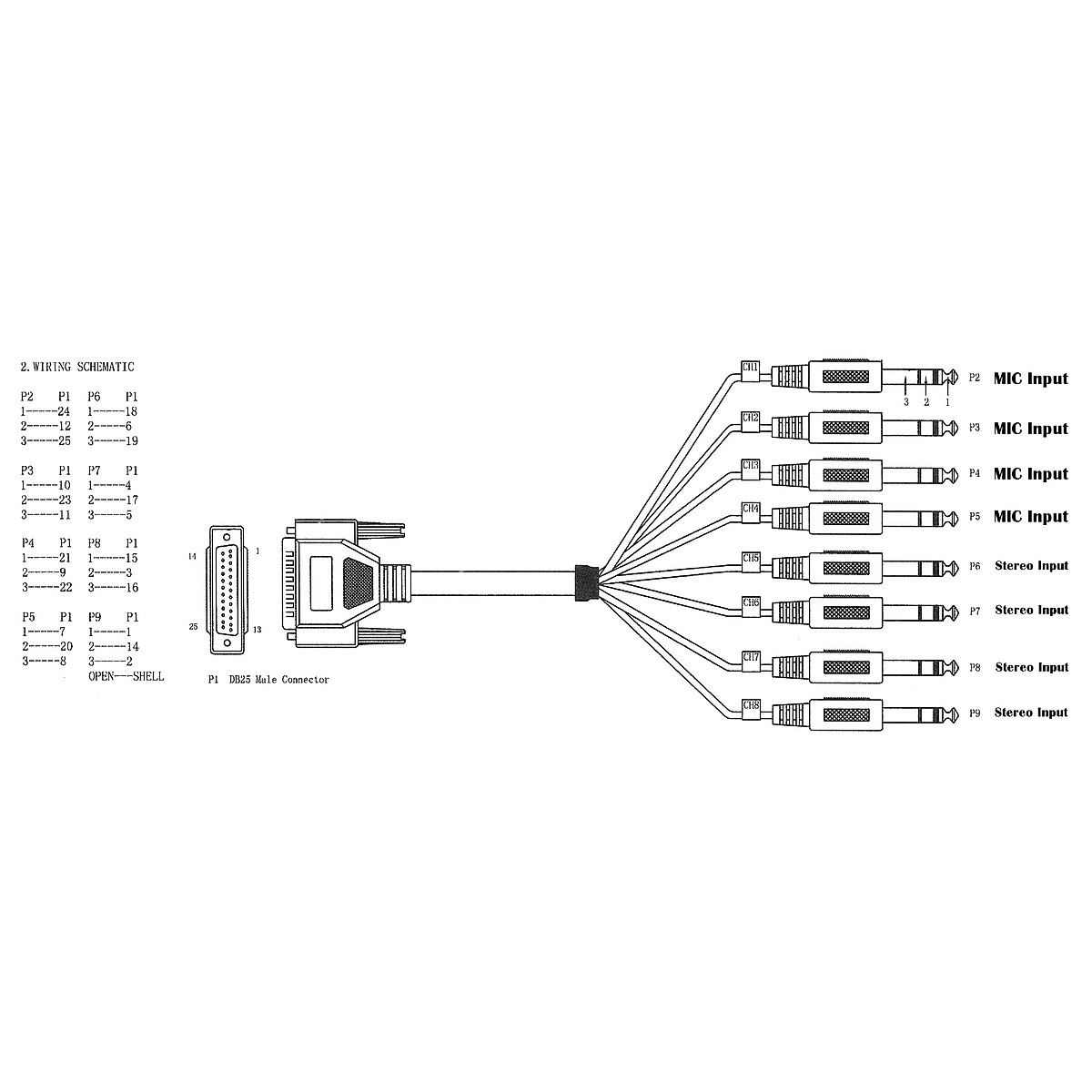 KEYHAO Balanced Snake DB25 to 1/4 inch TRS Analog Recorder Interface Cable 8 Channel (9.84 FT) 25-Pin