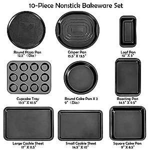 Giantex 10-Piece Nonstick Bakeware Set, Round and Square Baking Pans, Baking Sheets, Chip and Pizza Pan, Crisper Pan, Roasting Trays, 12-Cup Muffin and Loaf Pans, Cookie Sheet, Steel Baking Set