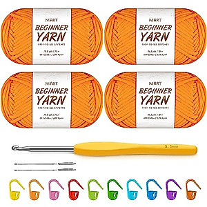 NiArt 4x50g Orange Yarn for Crocheting & Knitting, 4x70m(76.5yds) Cotton-Nylon Blend Yarn Crochet Kit for Beginners with Easy-to-See Stitches, Worsted Medium Beginner Practice Cotton Yarn & Tools Kit