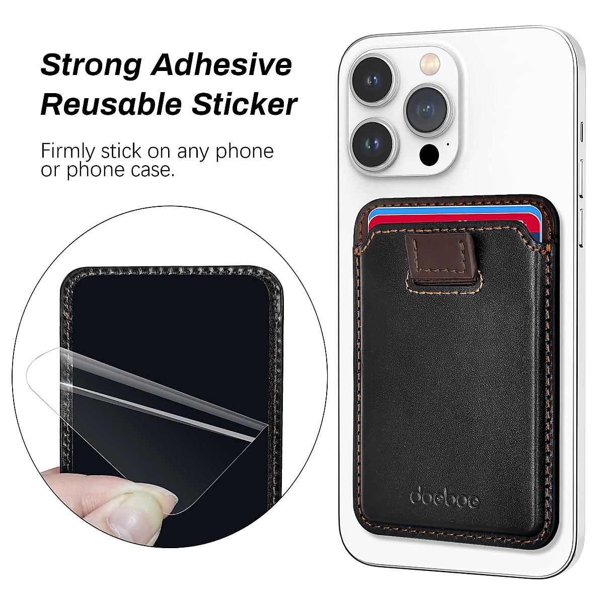 doeboe Phone Wallet, Card Holder for Phone Case, Stick on Leather Credit Card Holder for Cell Phone, Reusable Sticker, Pull-out Design, Compatible with iPhone 14, Samsung, Android and All Smartphones