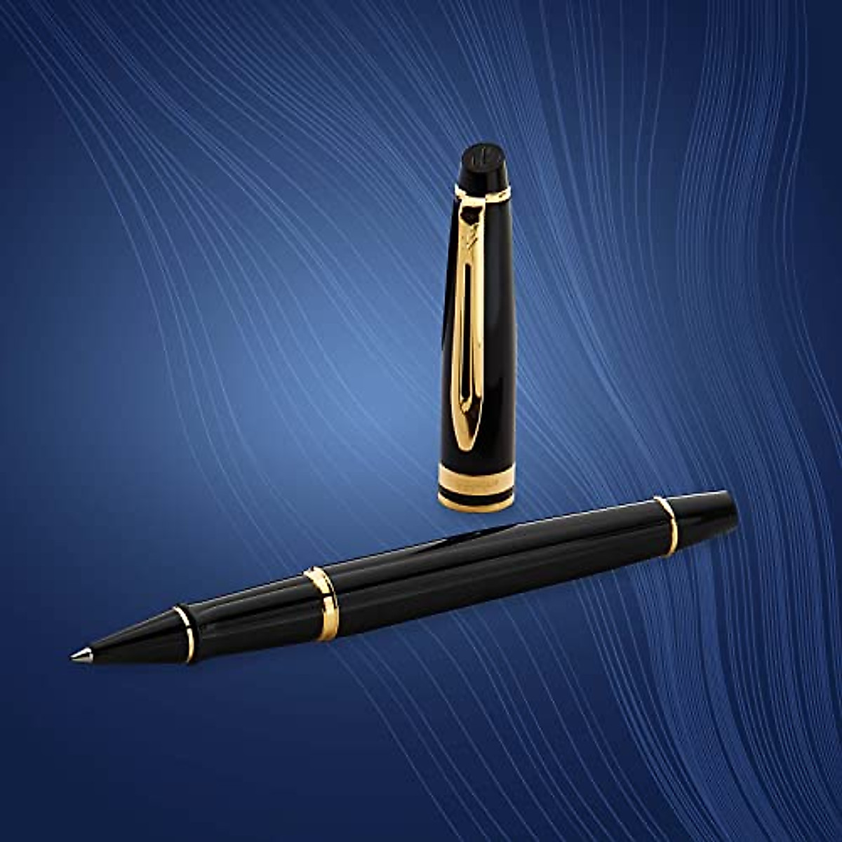 Waterman Expert Rollerball Pen, Gloss Black with 23k Gold Trim, Fine Point with Black Ink Cartridge, Gift Box