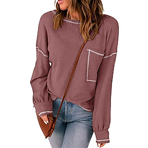 SHEWIN Womens Fall Shirt Tops Dressy Casual Loose Fit Waffle Knit Crewneck Tunic Tops 2024 Women Clothes,(US 18-20) 2XL,Mineral Red