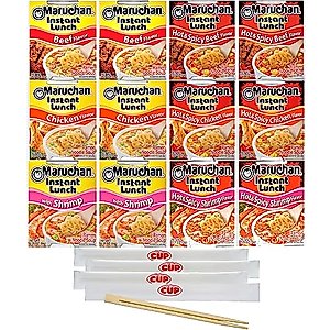 Maruchan Ramen Instant Lunch Variety, 12 Count, 6 Flavors with By The Cup Chopsticks