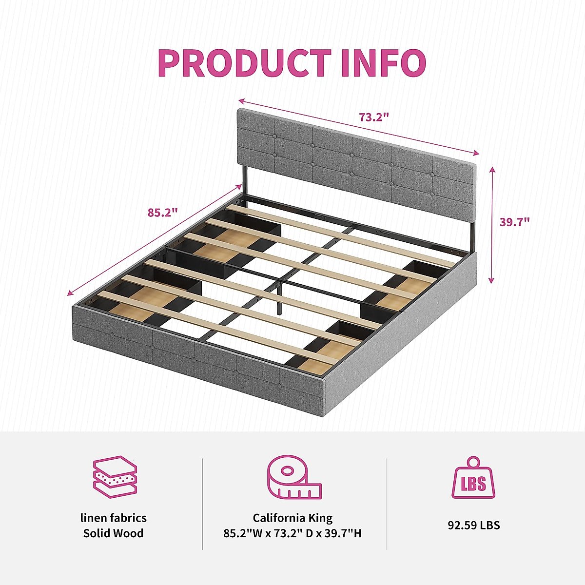 Mixoy Upholstered Platform Bed Frame with 4 Storage Drawers,Cal King Bed Frame with Square Button Tufted Adjustable Headboard, Wood Slat Support,No Box Spring Needed,No Mattress (Cal King,Dark Grey)