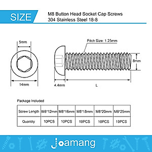 Joamang M8 x 12mm 16mm 18mm 20mm 25mm Button Head Socket Cap Screws Bolts, Stainless Steel 304, Metric Allen Hex Drive, Bright Finish, Fully Threaded, Assortment Kit 50PCS