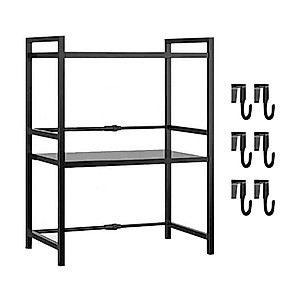 EPIPHQNY Kitchen Counter Microwave Oven Stand Expandable Shelf with Hooks Robust Carbon Steel Pots and Pans Storage Solution