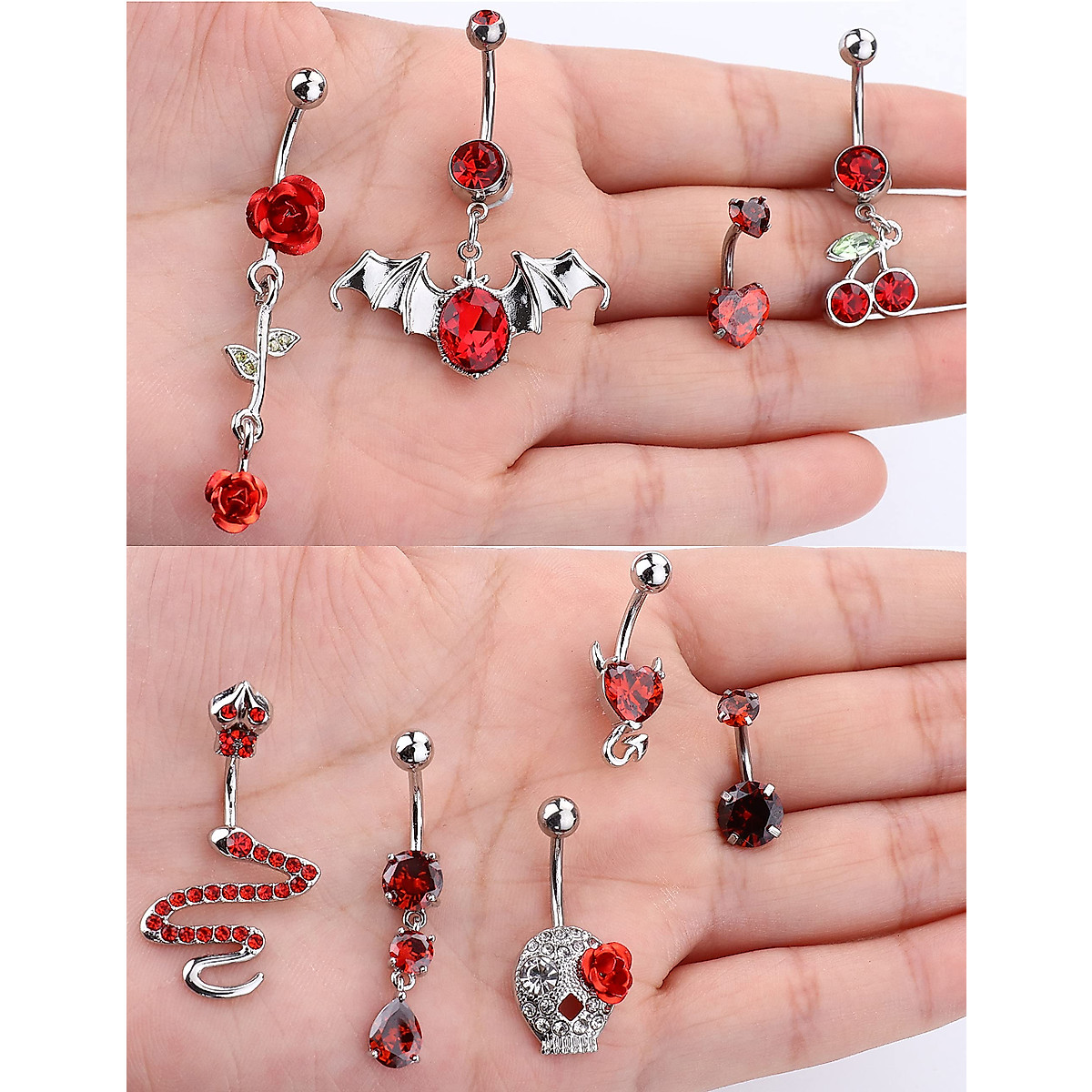 Sanfenly Belly Button Rings for Women 14G Stainless Steel Belly Rings Navel Rings Cute Snake Devil Heart Flower Dangle Belly Button Piercing Jewelry